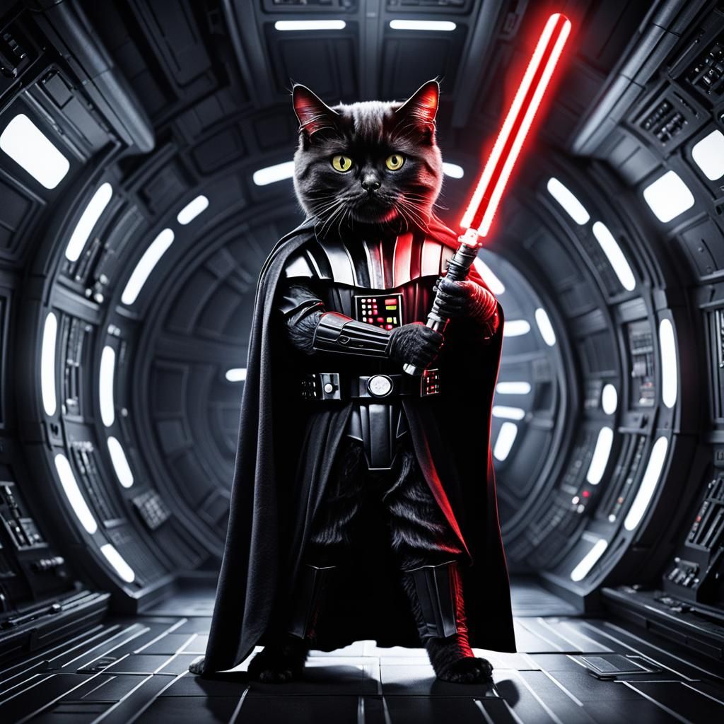 A cat dressed as Darth vader, holding a red light saber, inside the ...