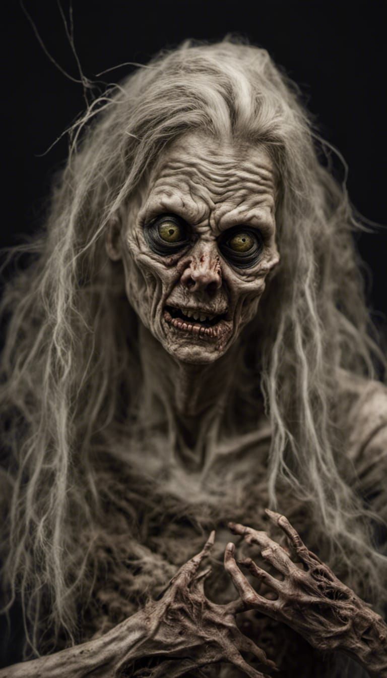 Photograph portrait of a Creepy soul-less cursed taxidermy Zombie hag ...
