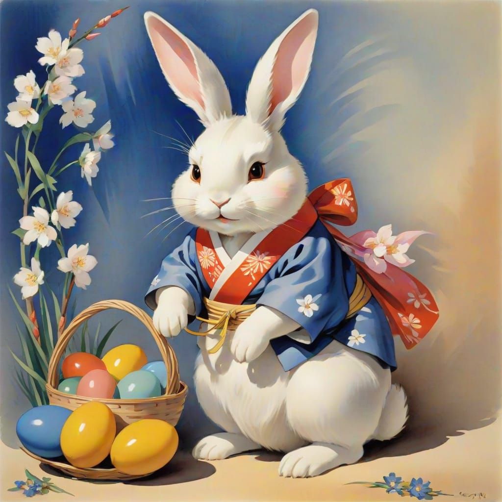 Japanese Easter Bunny in Traditional Art Style - AI Art