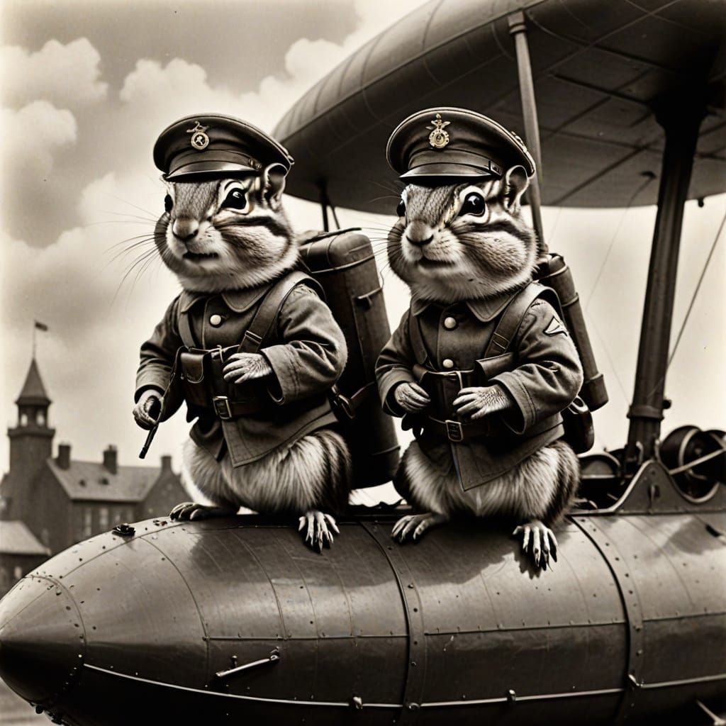 An old black and white photo of a pair of chipmunks dressed in a world ...