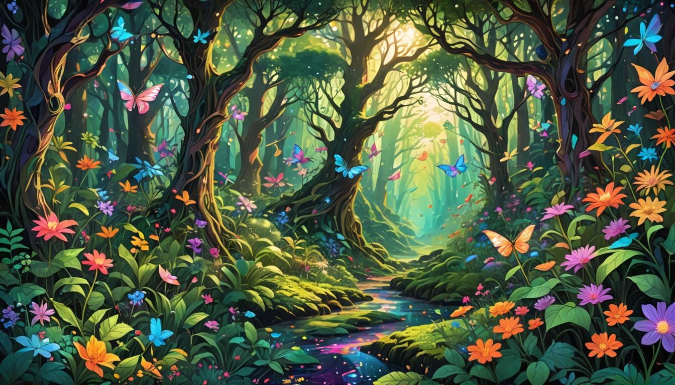 (Hyper detailed anime art of a mystical very windy fairy forest with ...