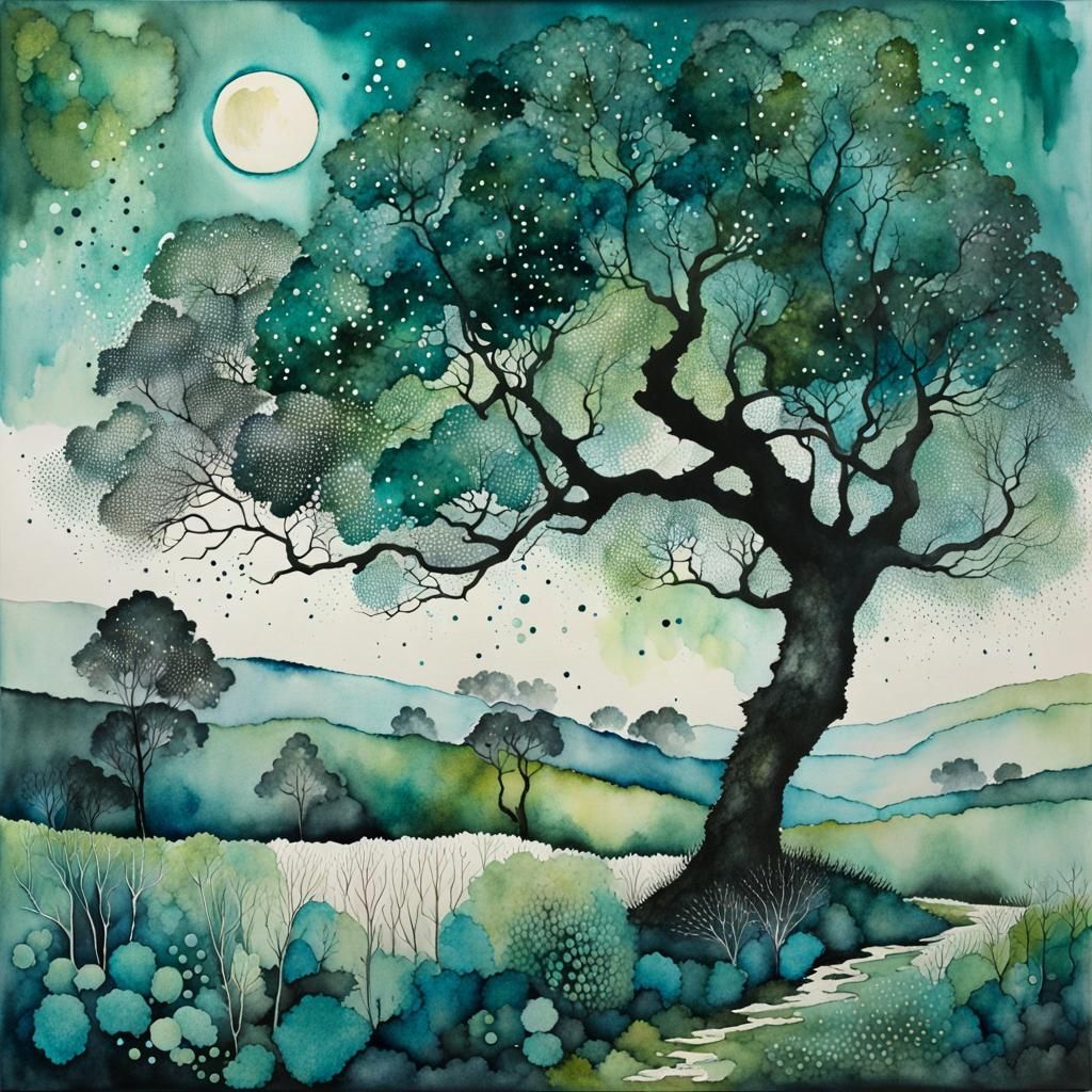 moody forest moonscape, bubbly watercolor ink, acrylic, collage, scraps ...