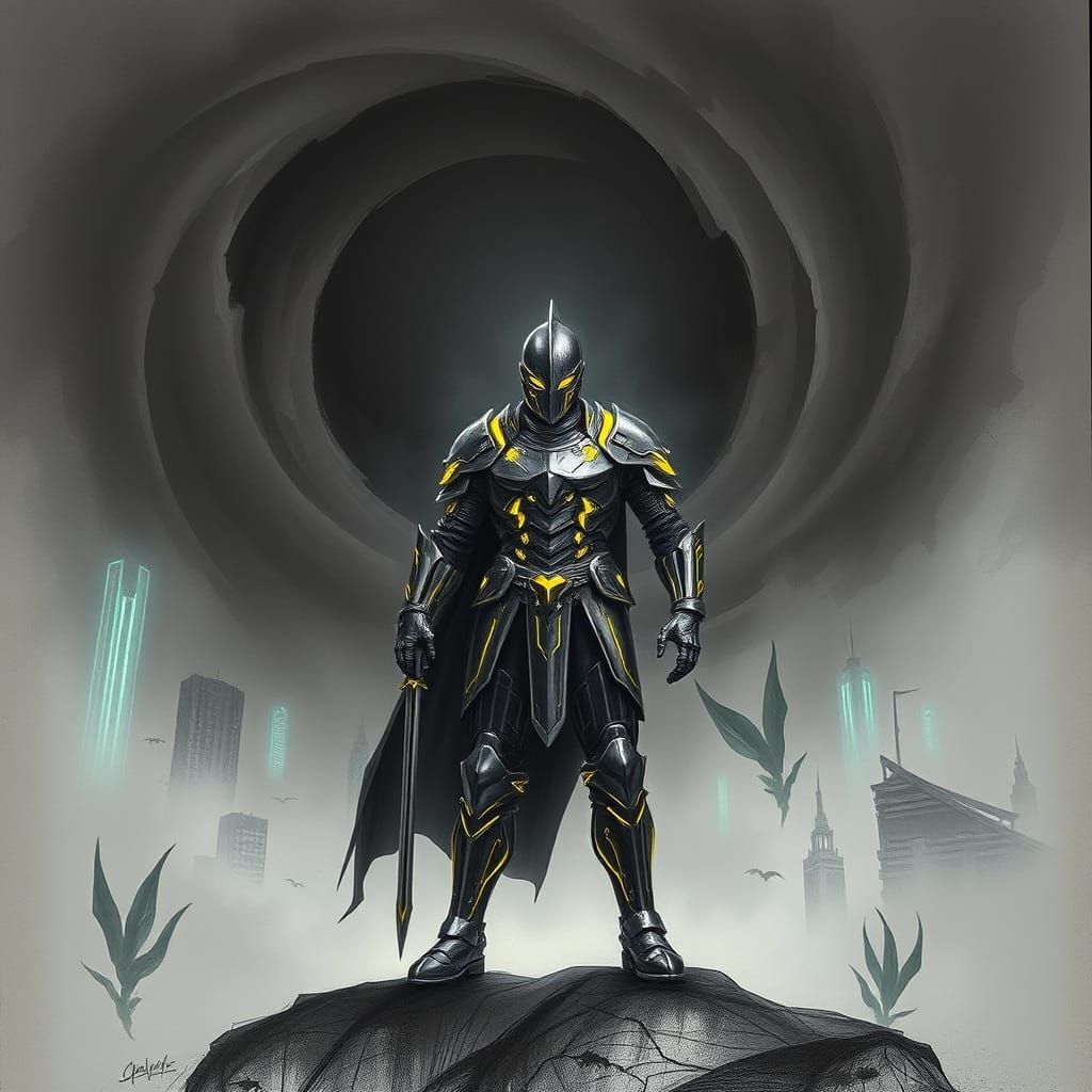 Knight in Shining Armor - Cyberpunk Knight in Neon Armor