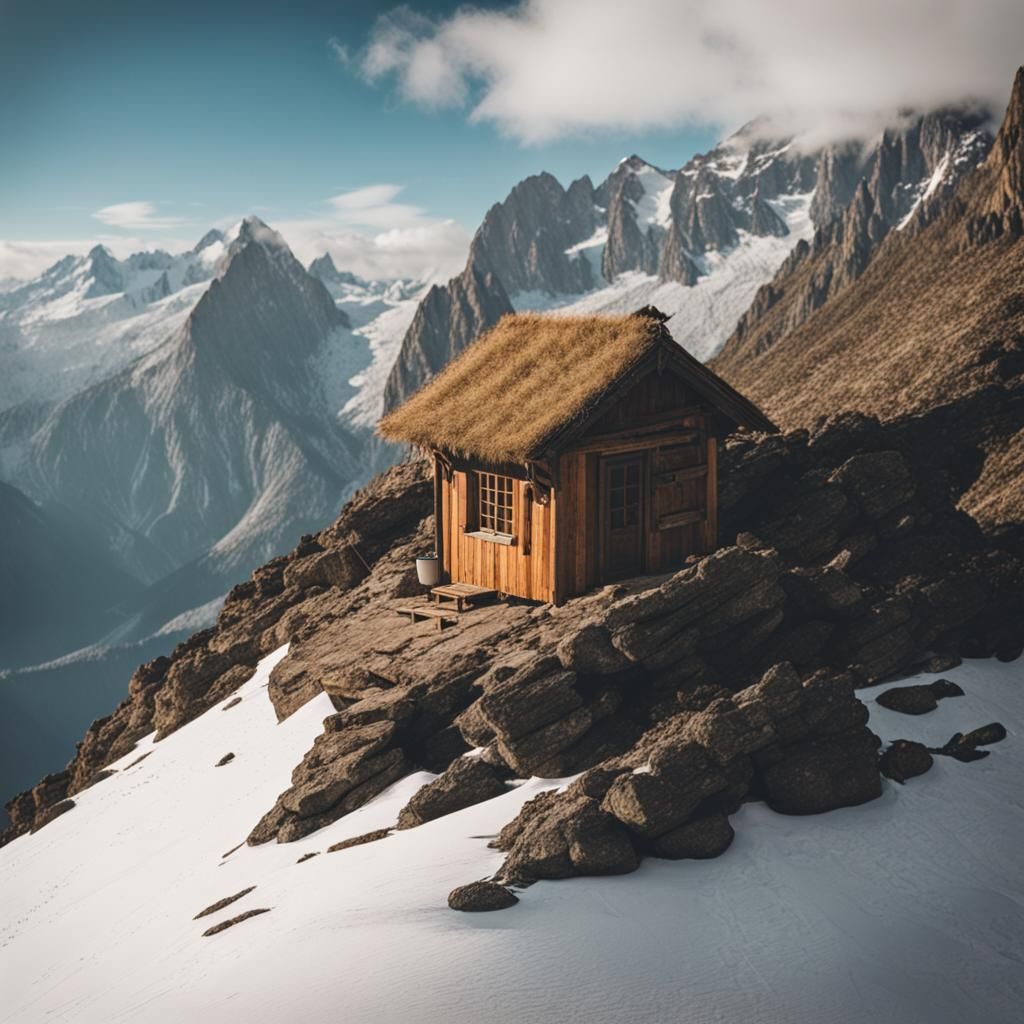 a tiny hut on a huge mountain - AI Generated Artwork - NightCafe Creator