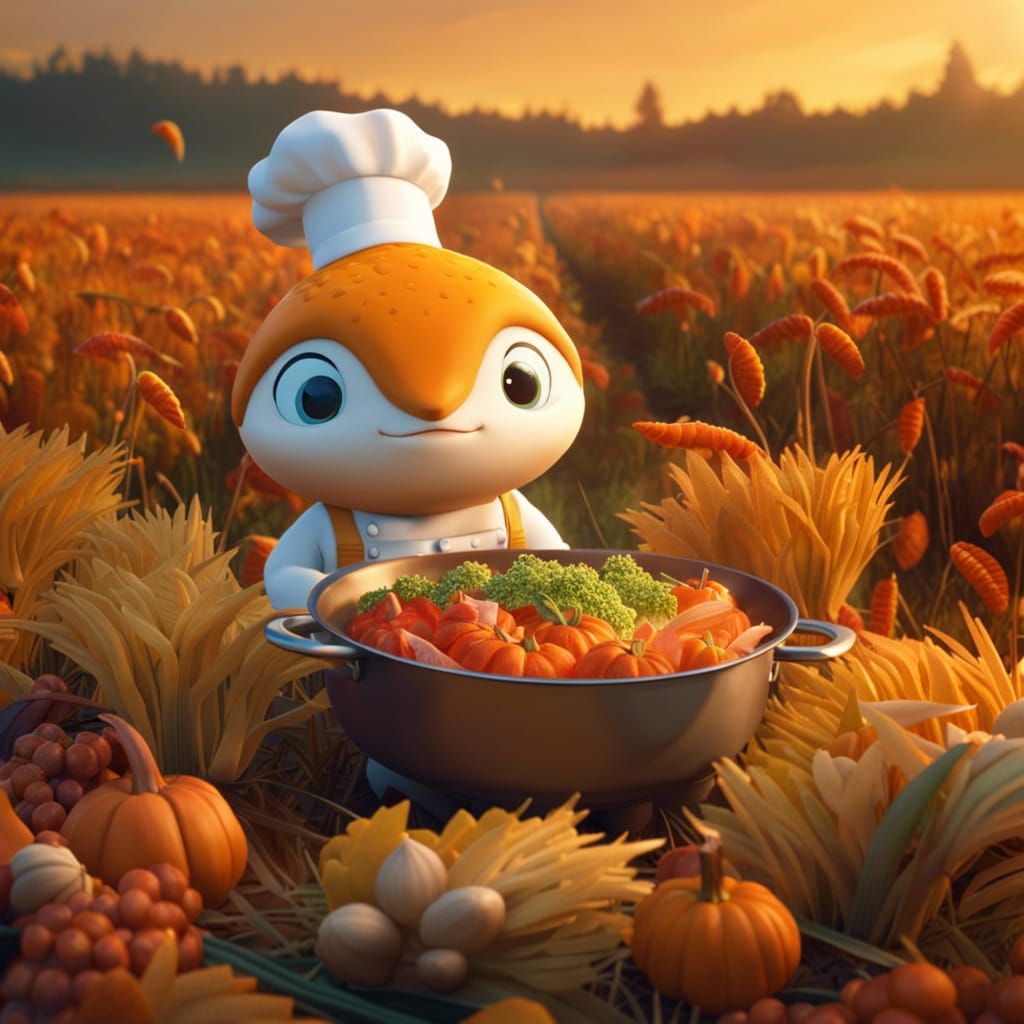 cute fish chef cooking food middle of fall field, 8k resolution ...