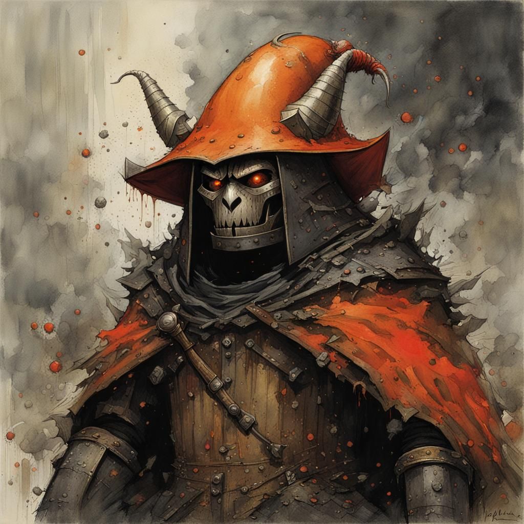 A menacing, ominous armored Jester, wicket, glowing orange eyes ...