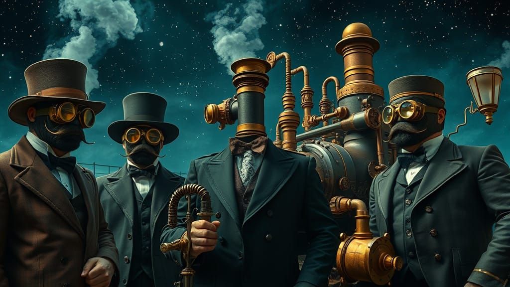 Inventors Gather Around a Steam-Powered Engine in ... - AI Art