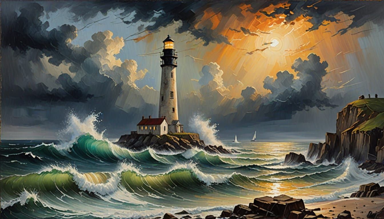 A dramatic Turner-esque seascape: a rustic, weathered lighthouse stands ...