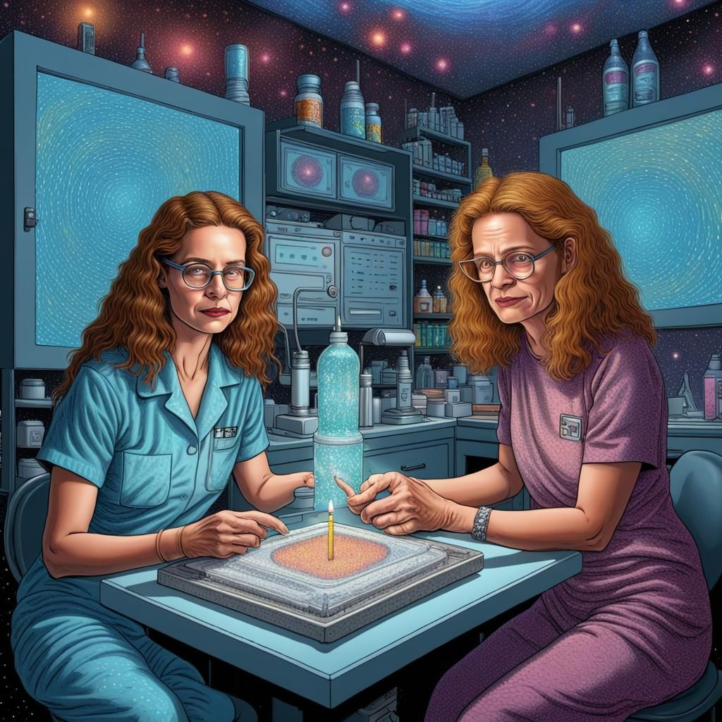 Ginny and Jeana spend their Birthday in the lab running experiments III - AI Generated Artwork ...