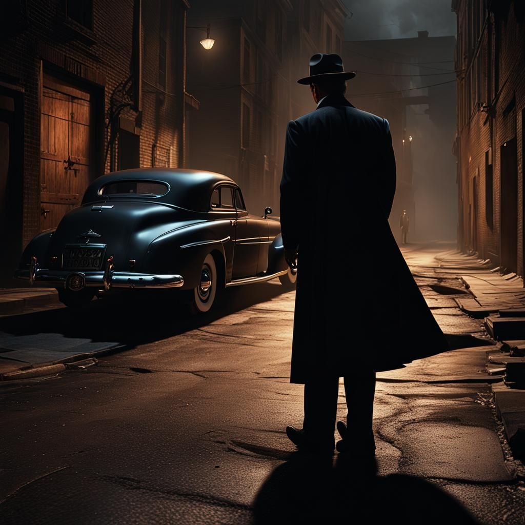 Movie still - Scene from a Film Noir with a wizened, classic detective ...