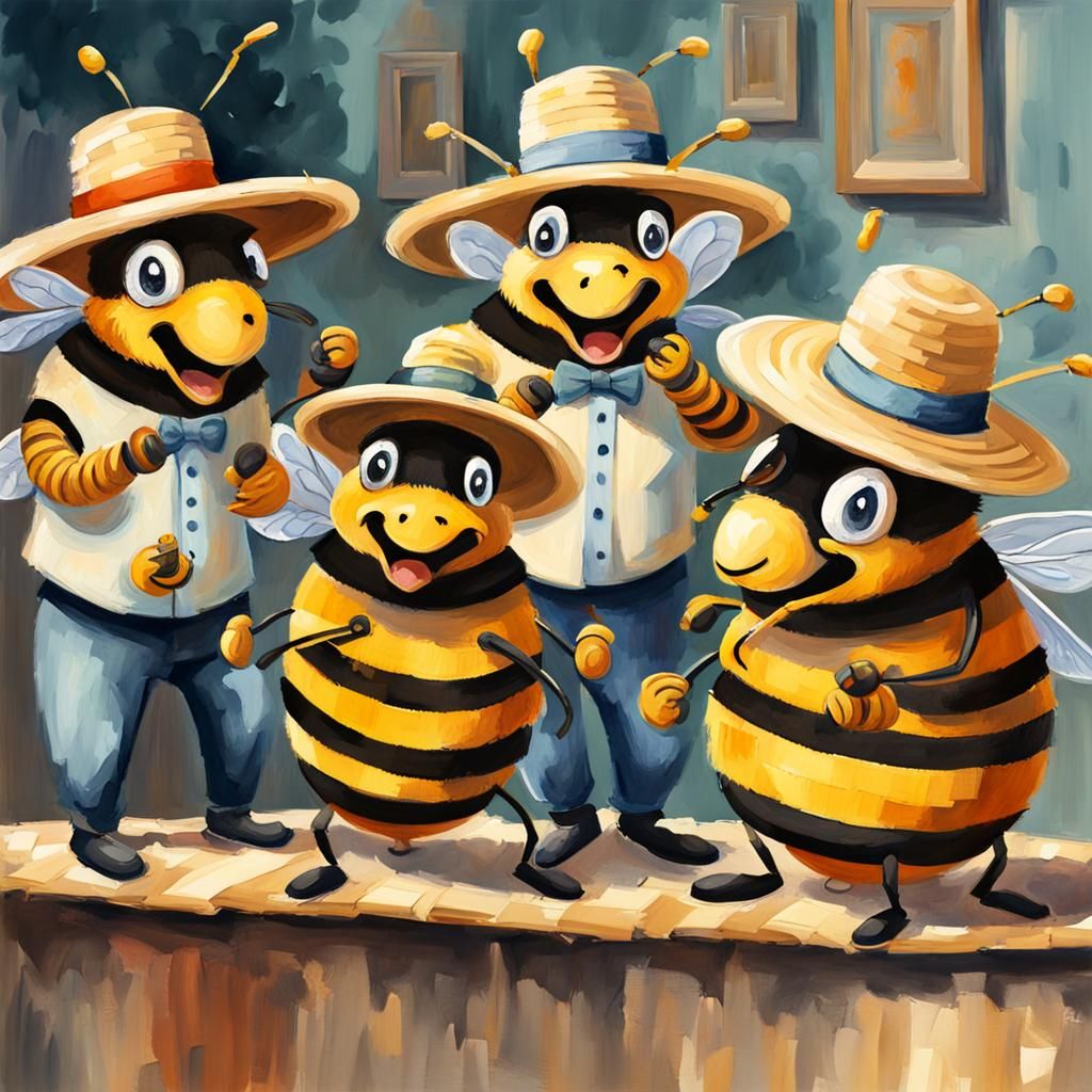 Cartoon style, a barbershop quartet made up of four bees in straw hats ...