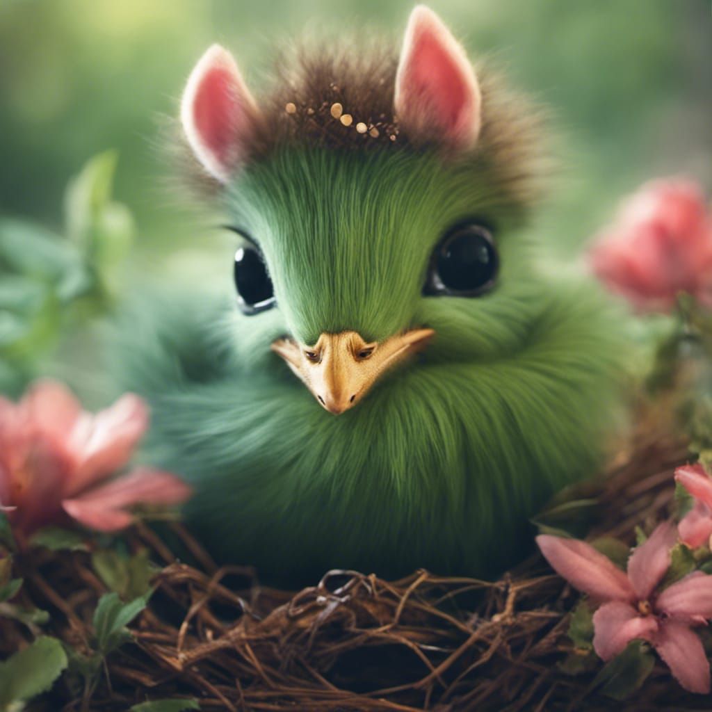 Fuzzy baby bird in a nest with a deer nearby - AI Generated Artwork ...