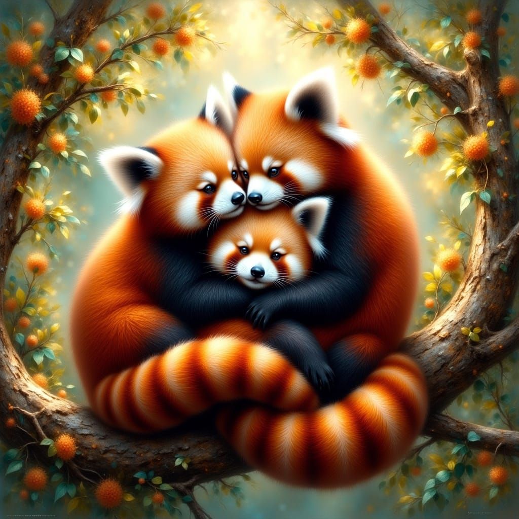 Three fluffy red pandas are cuddled together