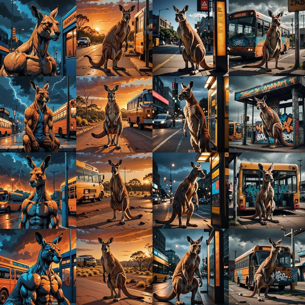 Angry Muscular Kangaroo Waits for Bus - AI Art