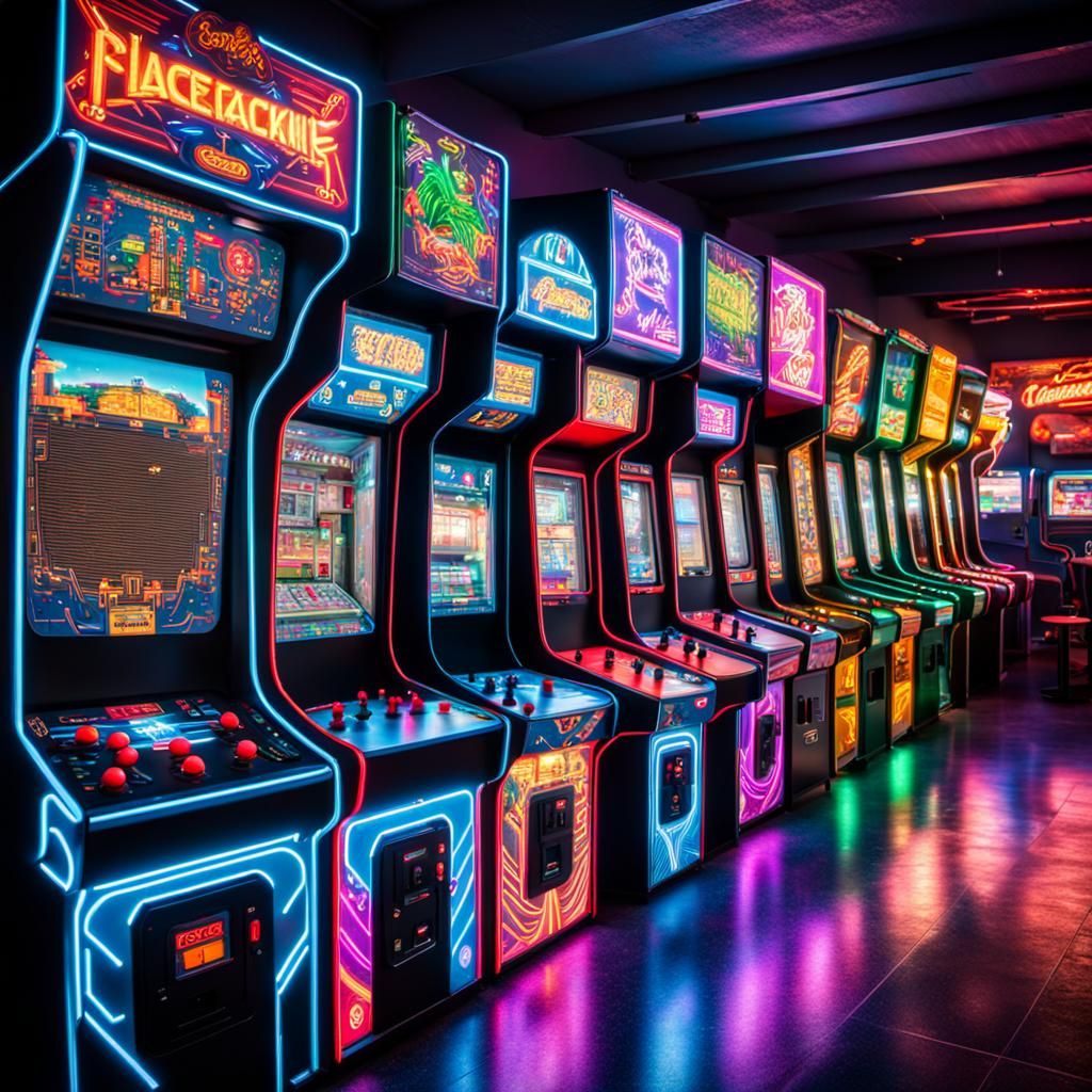 A retro 1980s arcade filled with classic video game machines, each ...