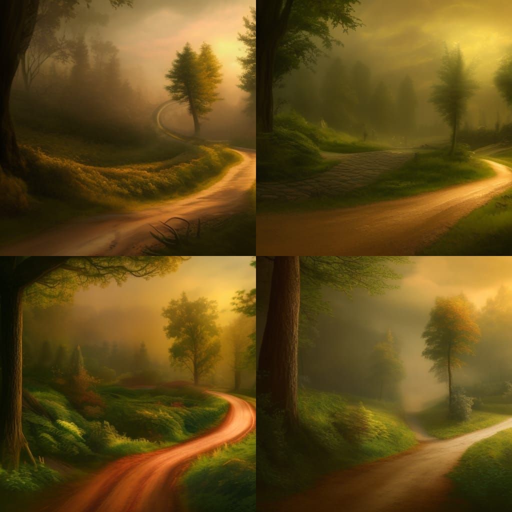 A winding road bed though a forested country farm estate backwoods ...