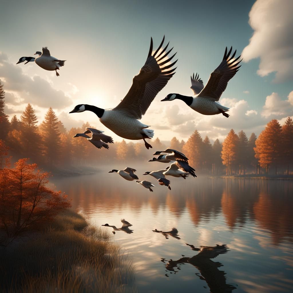 an image of a family of geese flying in a V-formation over a lake. - AI ...
