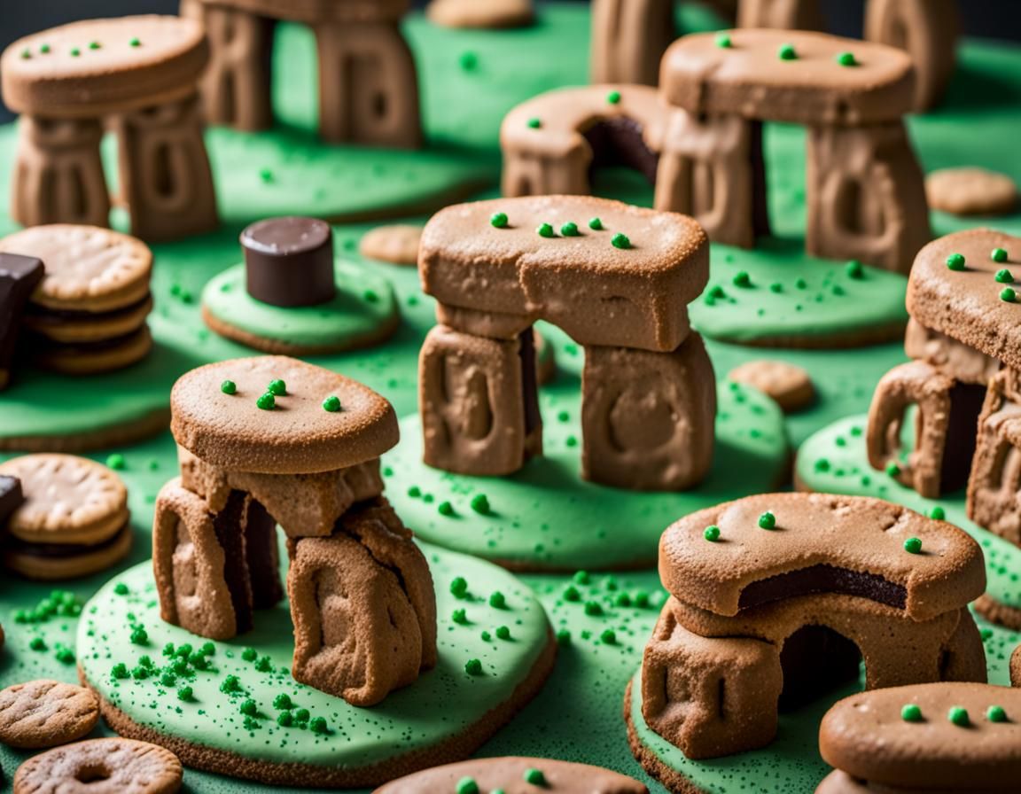 Stonehenge made out of cookies, the ground is made of chocolate with ...