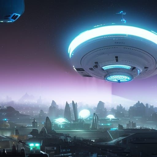 Extraordinary UFO flying over a night city, brilliant, epic, cinematic, luminous, sparkling ...