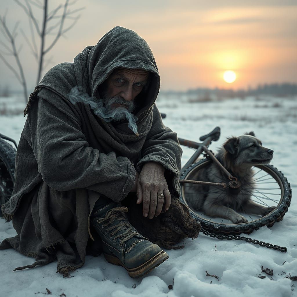 Frail Elderly Beggar in Tattered Rags, Smoking, wi... - AI Art