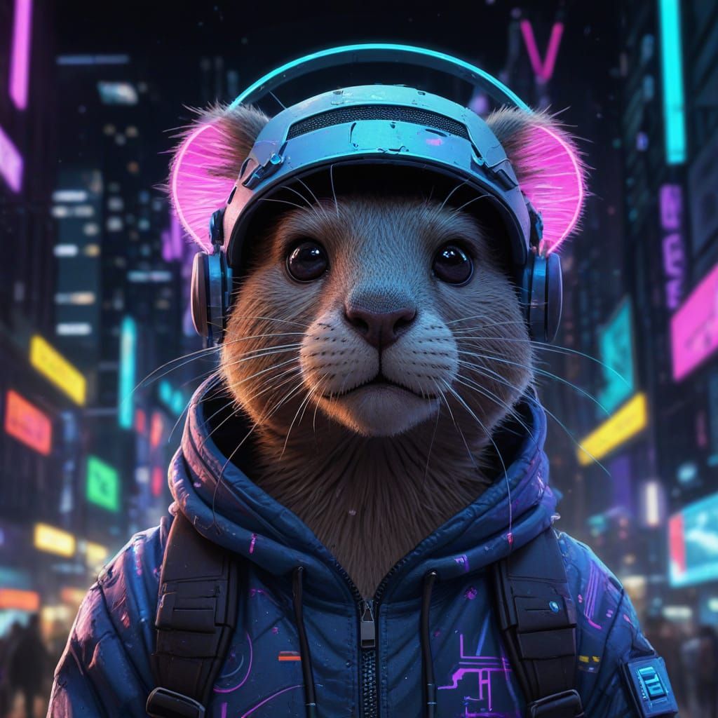 Cosmic Muskrat Rebel in Neon Cyberpunk Metropolis - AI Art