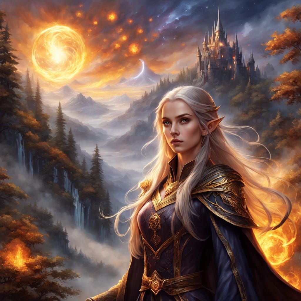 Ethereal High-Elf Wizard Casts Fireball Spell in G... - AI Art