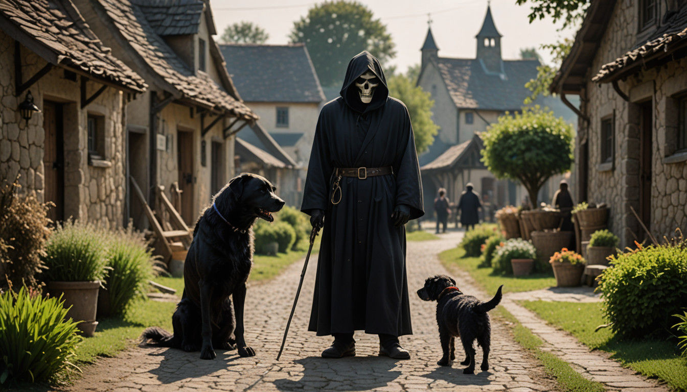 A grim reaper on a walk with his dogs.