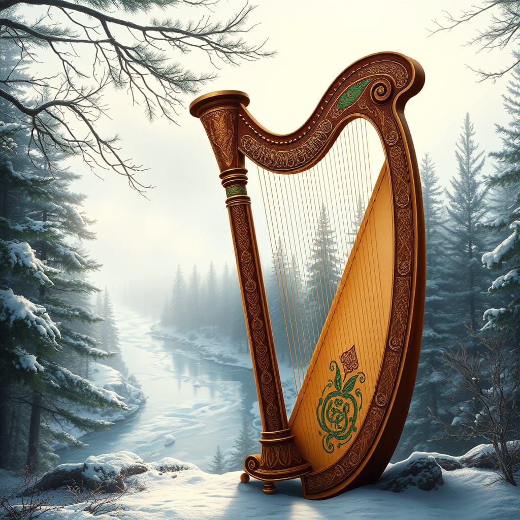 Hyperrealistic Ancient Irish Harp in a Winter Pine... - AI Art