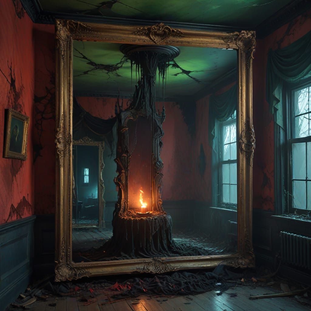 In the decrepit, Victorian mansion's depths, a ghostly, ethereal shadow ...