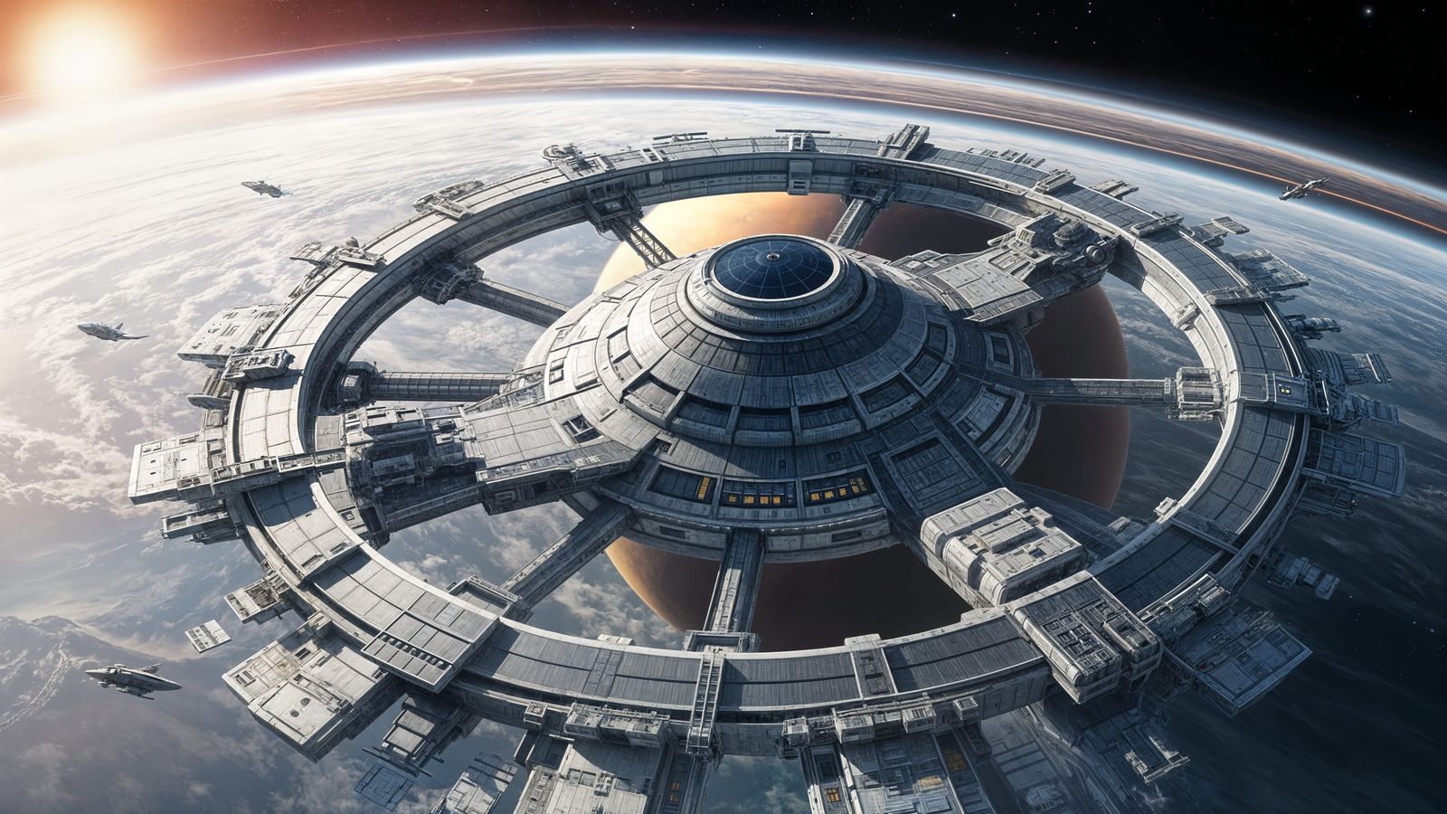 A colossal sprawling wheel shaped habitation and logistics outpost in ...