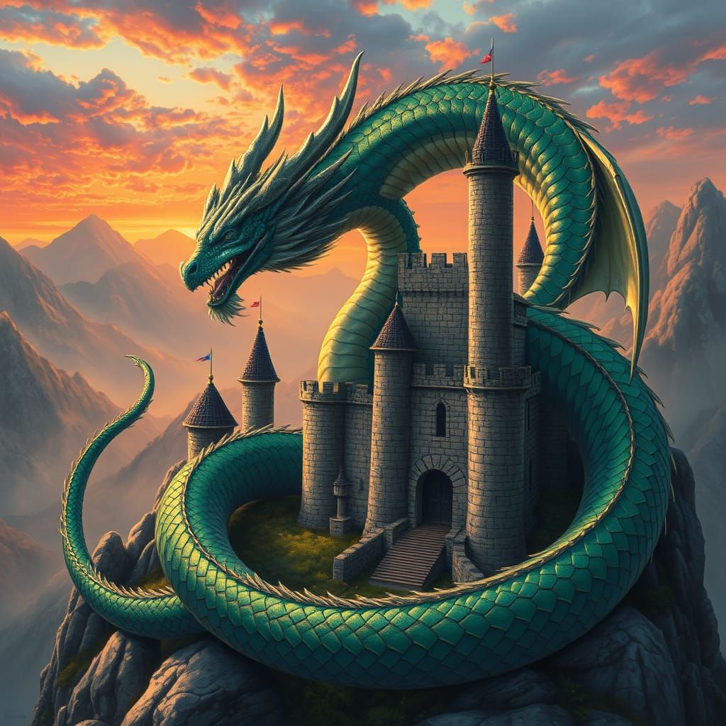 dragon wrapping around castle - Dragon Unfurls around Majest...