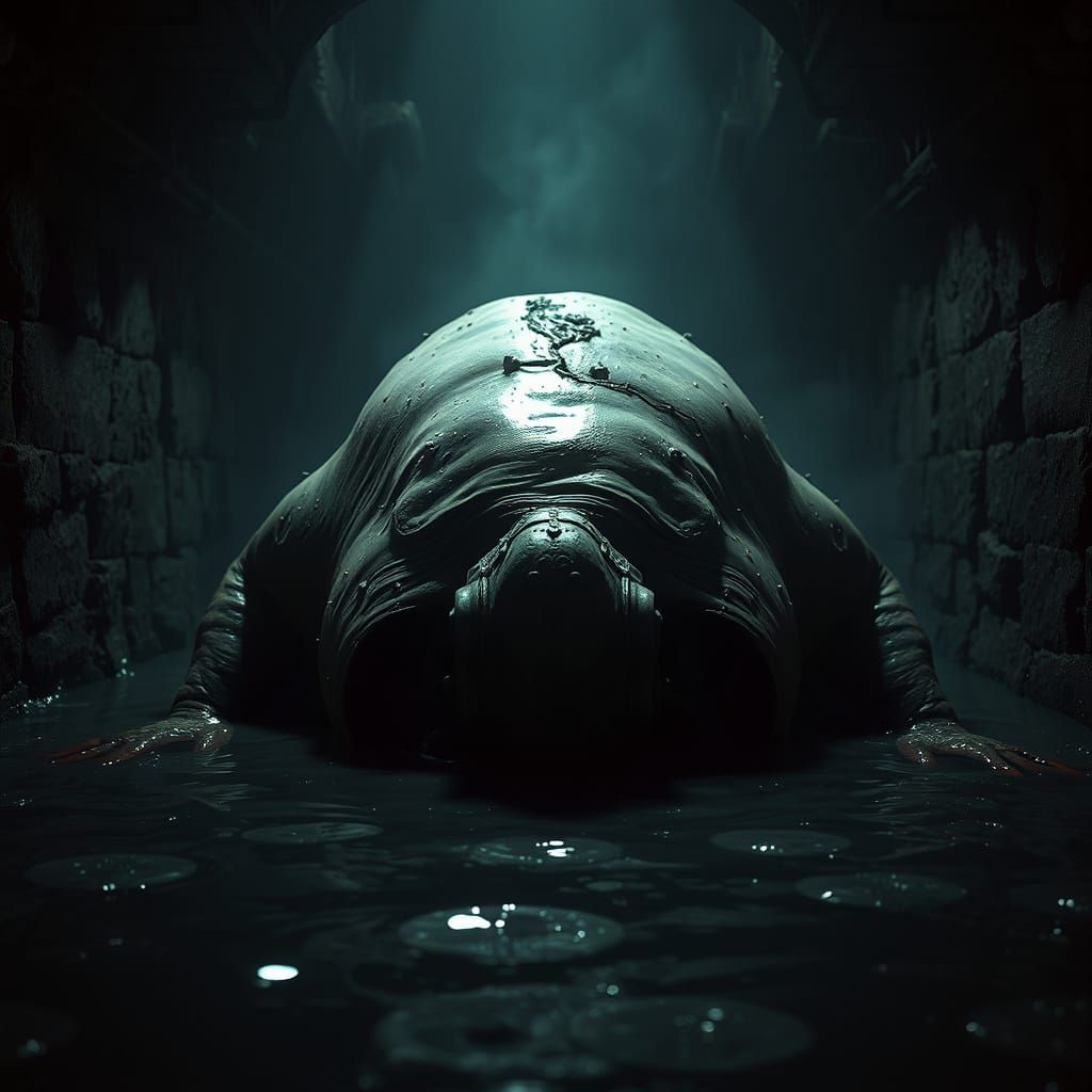 Grotesque Zombie Sinks in Dark Dungeon Chamber - AI Art