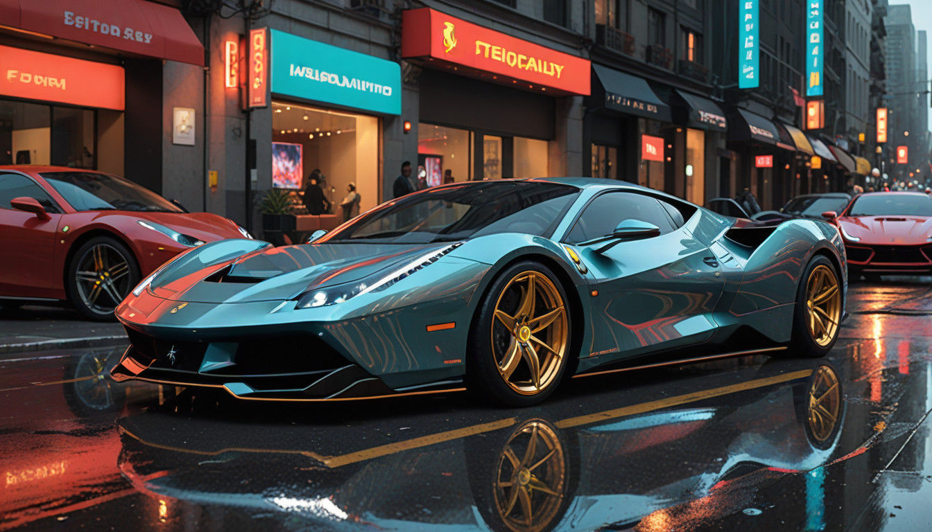 Futuristic Ferrari Lineup in Neon City - AI Art