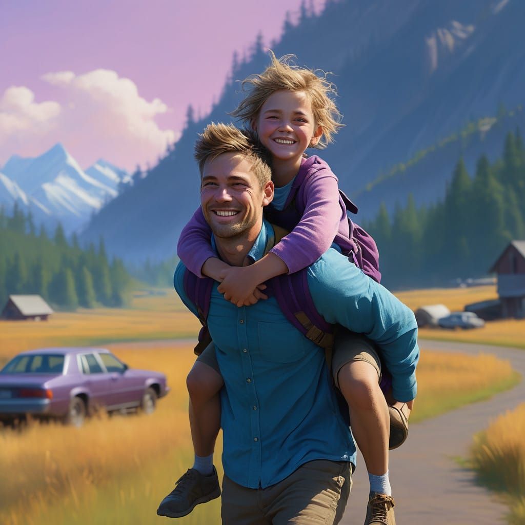 A young boy carries a young girl with a bright smile on his back ...