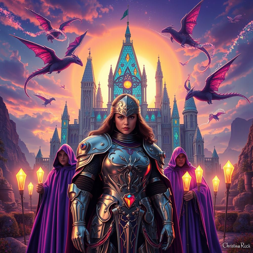 Ethereal Knight with Purple-Cloaked Druids in Stai... - AI Art