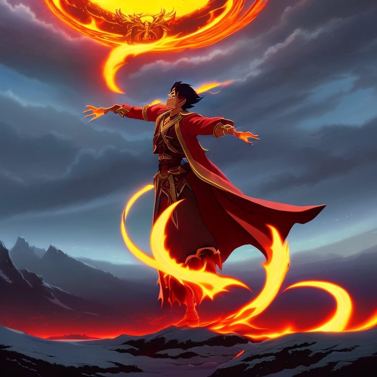 A mage dancing though a ring of fire, a masterpiece, dark fantasy ...