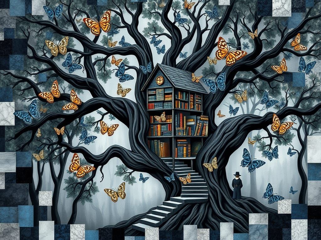 Cubist Treehouse Library in a Misty Forest - AI Art