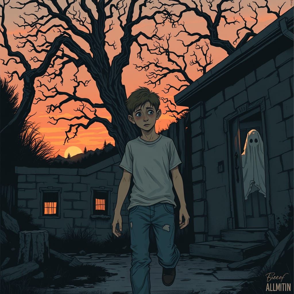 Terrified Boy Escaping Basement in Eerie Lighting - AI Art