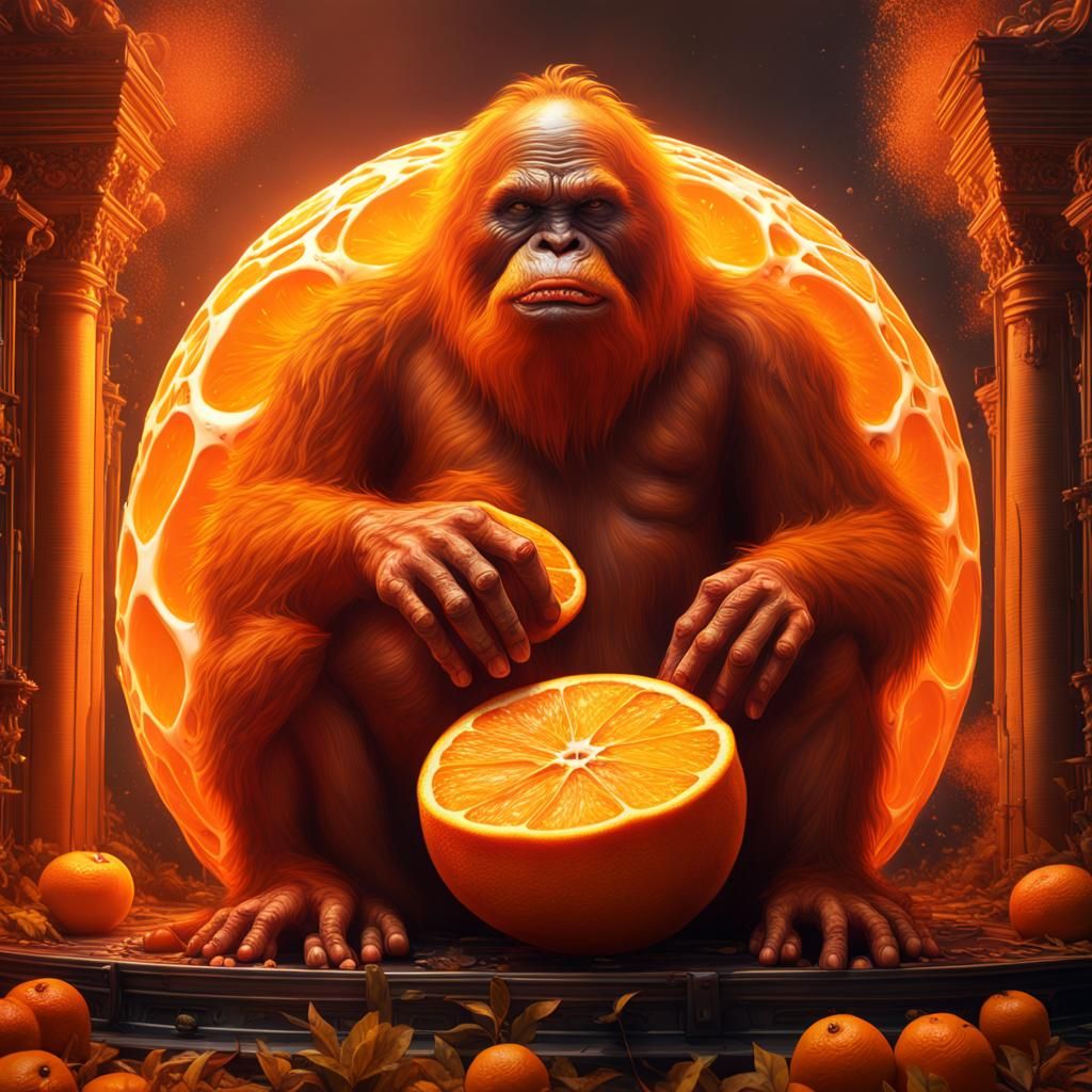 Orang mystical Kreatur Very giant orange surrounded by orange juice ...