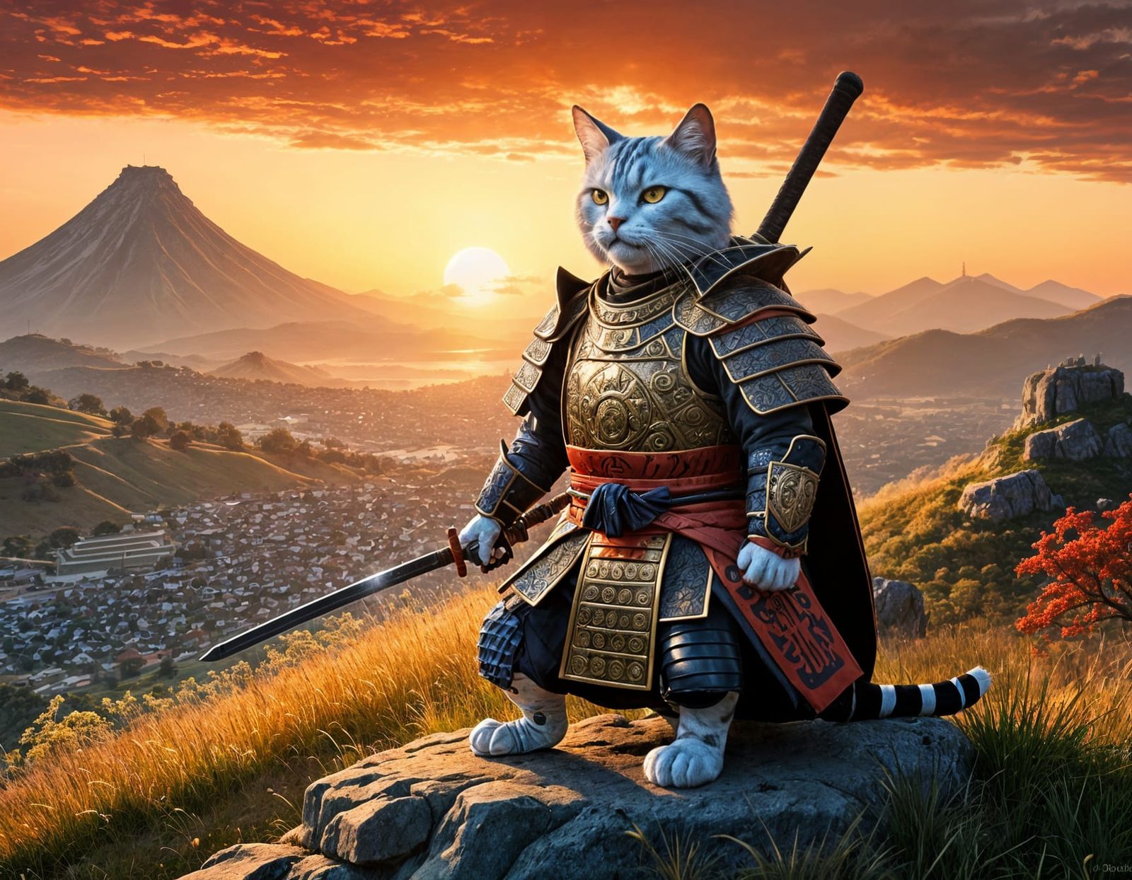 Epic Samurai Cat in Golden Armor Stands Vast at Su... - AI Art