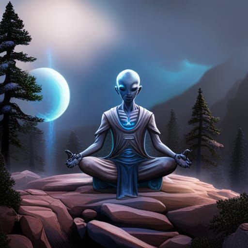 Alien Jedi meditating on a cliff, surrounded by pine trees, a blue aura ...