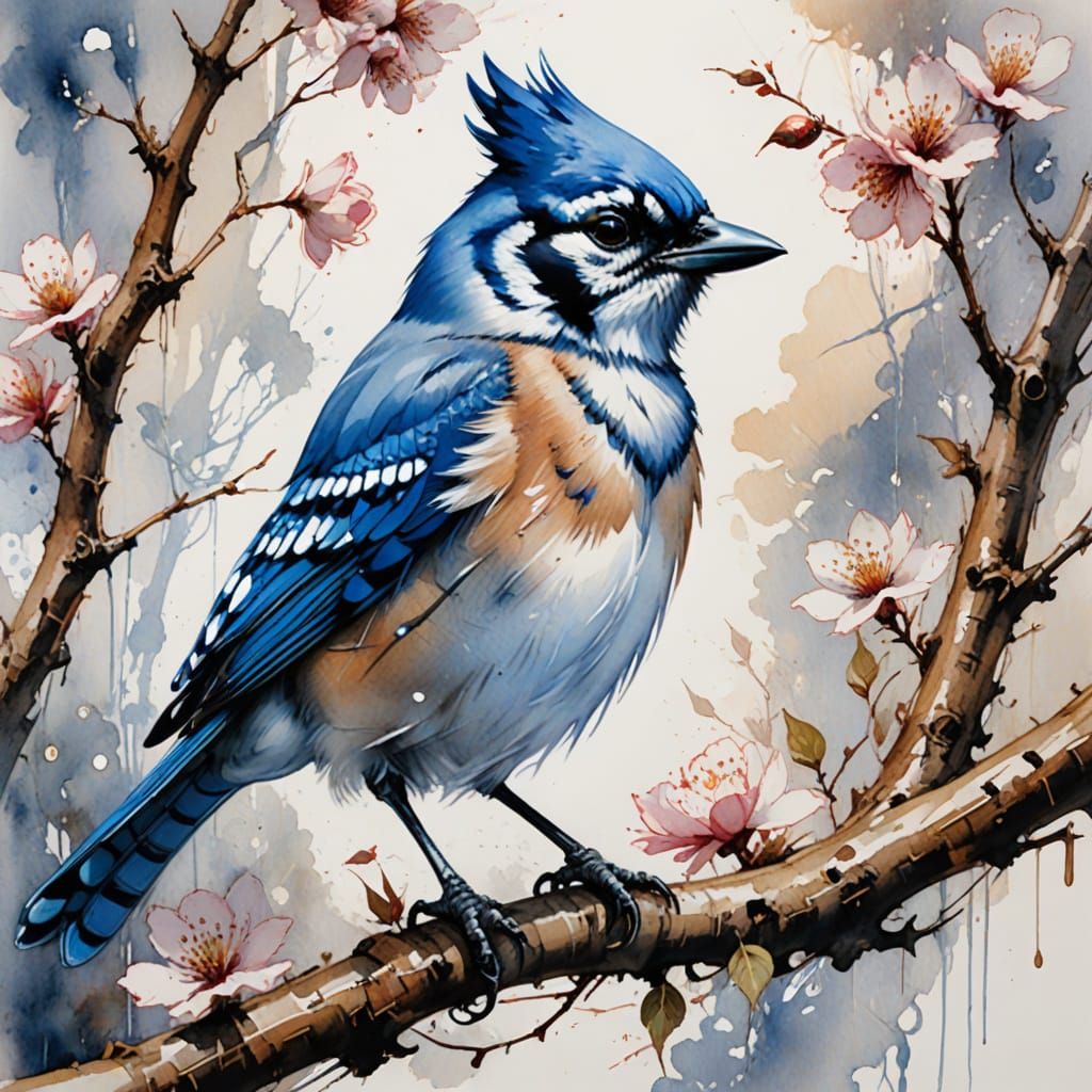 Whimsical Fantasy Blue Jay on Blossom Tree Branch - AI Art