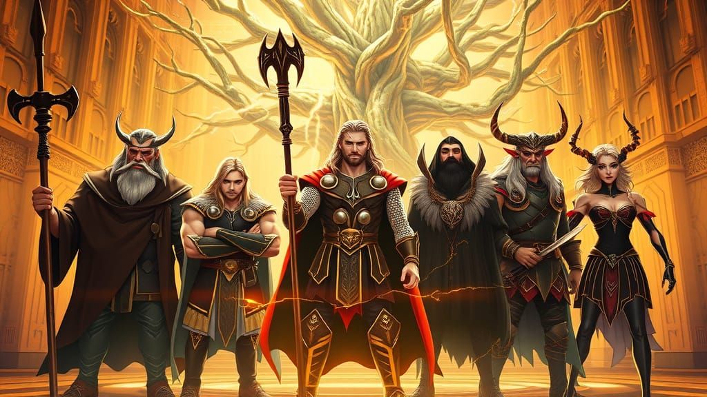 Norse Gods Gather in Golden Asgardian Splendor - AI Art