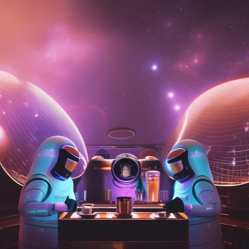 cosmic coffee shop Picture swirling nebulae as the backdrop, futuristic ...