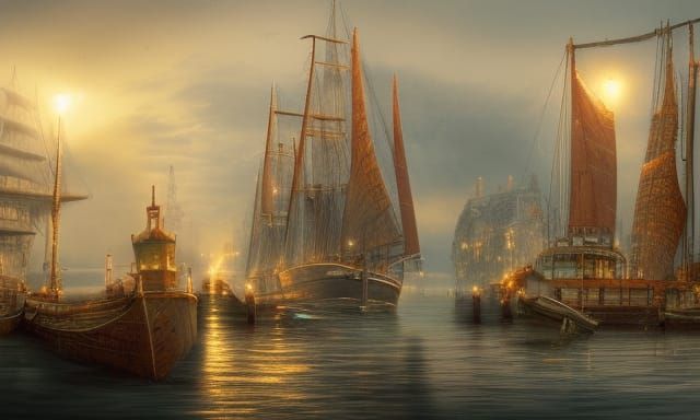 Docks harbor scene, sailboats, steamboats, whimsical fantasy steampunk ...