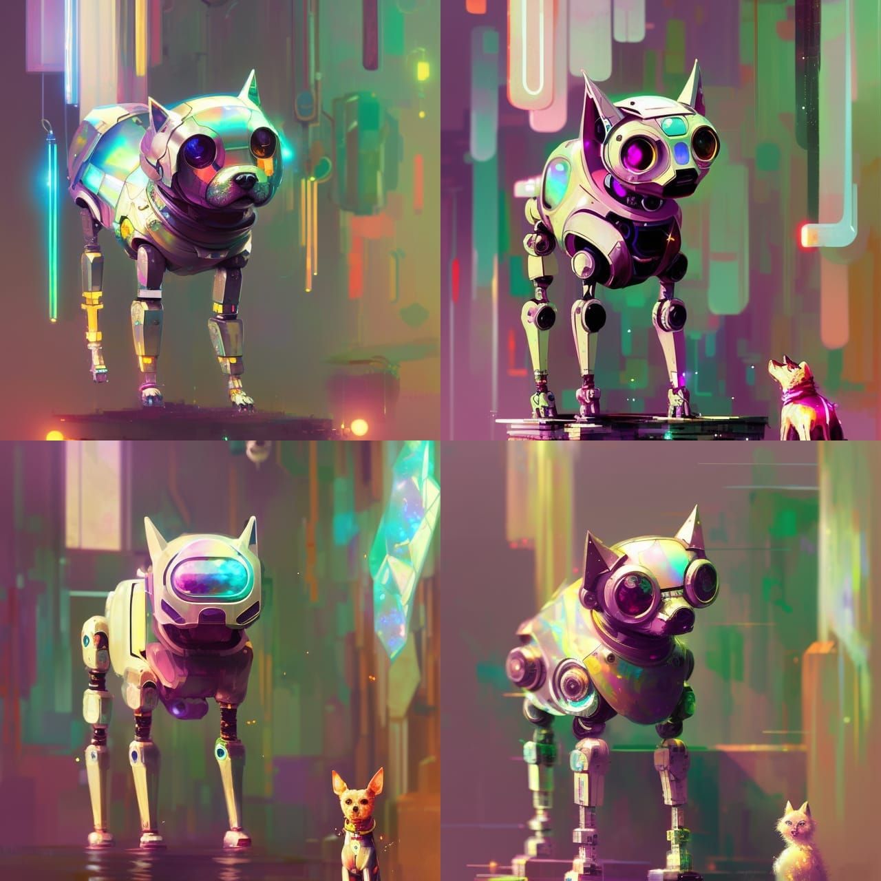 portrait of an adorable serious elegant robot dog floating luminous ...