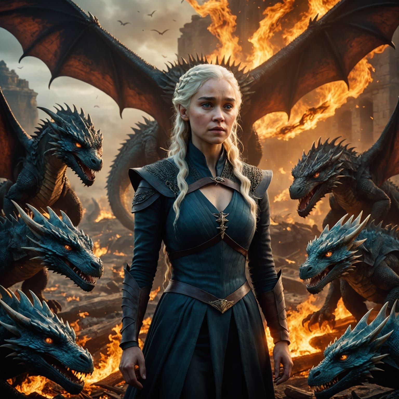 Daenerys emerges from the ashes with three hatched small dragons.