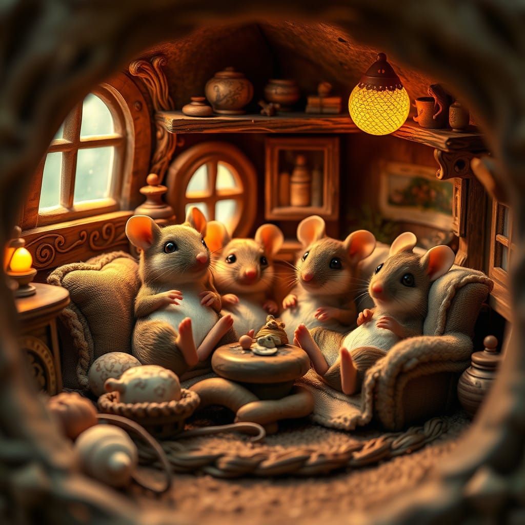 Cozy Mouse Family in Enchanted Miniature Realm - AI Art