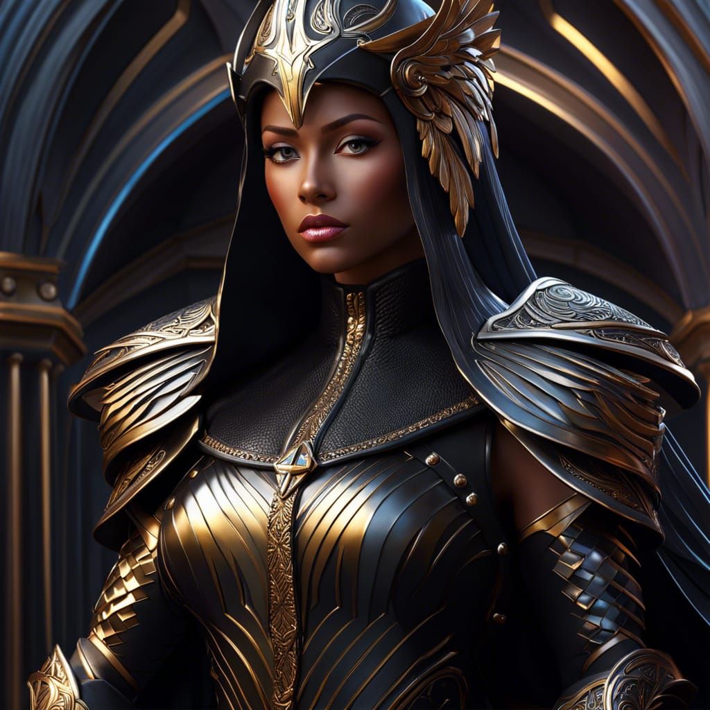 alluring hooded black lady knight fierce gaze, matte gunmetal tungsten ...