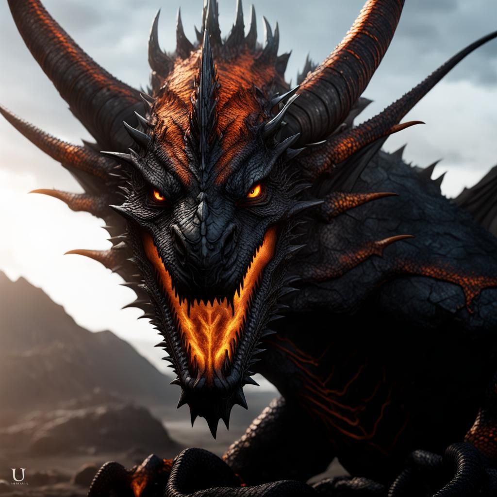 Smaug, black and orange skin, bull horns, Alduin dragon, agama spiny ...